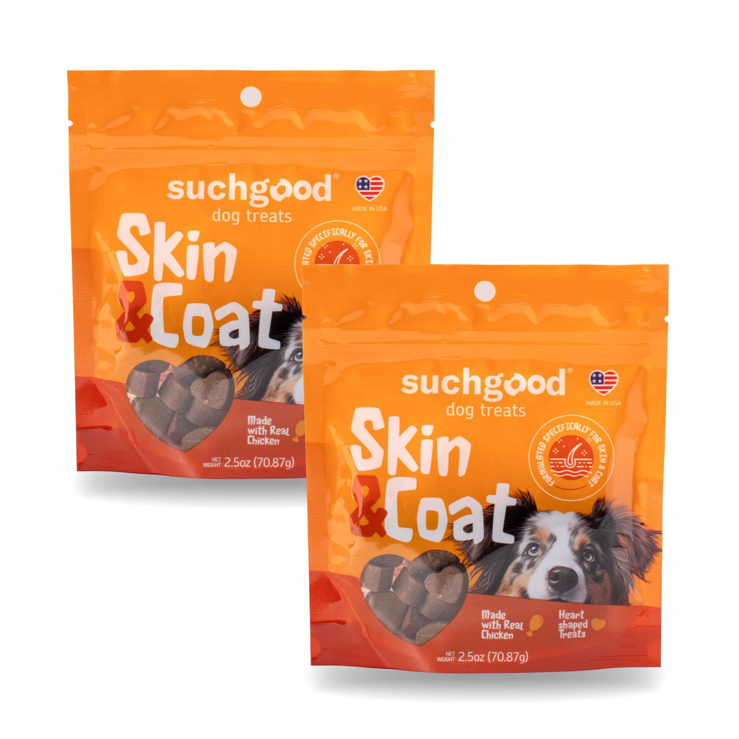 SuchGood Skin and Coat Dog Treats - 70 Count Advanced Omega Skin and Coat Support Chews for All Breed Sizes, Premium Salmon and Flaxseed Oil for Dogs - (Chicken Flavor, 2 Pack)