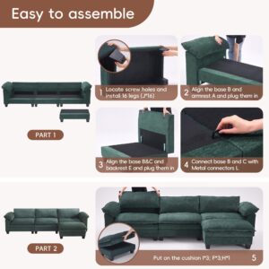 Tbfit Sectional Couches for Living Room,123" Oversized Comfy Cloud Couch, Chenille Modular Sectional Sleeper Sofa, Deep 4 Seat L Shaped Couch with Movable Ottoman, Green