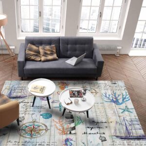 Nautical Wood Grain Area Rug for Living Room 2x3 Modern Rug Washable Abstract Area Rug Large Non Skid Ocean Coral Seahorse Starfish Blue Floor Carpet Mat Soft Indoor Rug for Bedroom Nursery Office