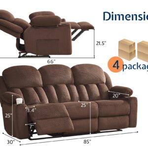 Jocisland Recliner Couch, 3 Seater Recliner with Cup Holders, Plush Fabric Reclining Couch with Dual Wingback, Comfy Recliner Sofas for Living Room(Brown)