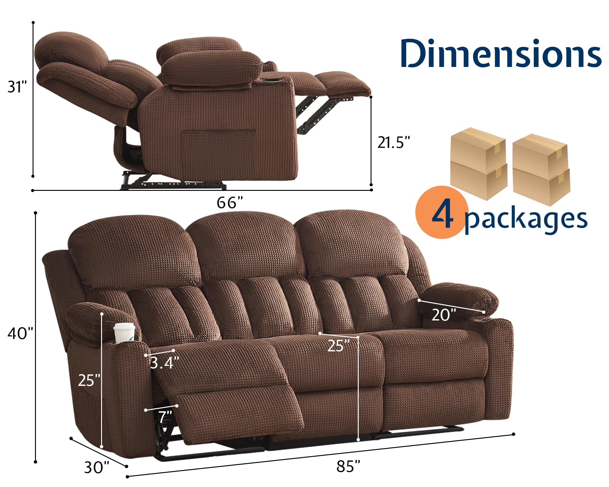 Jocisland Recliner Couch, 3 Seater Recliner with Cup Holders, Plush Fabric Reclining Couch with Dual Wingback, Comfy Recliner Sofas for Living Room(Brown)