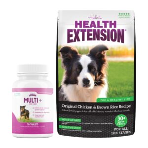 health extension bundle - dry dog food chicken & brown rice recipe (4 lbs) & multivitamin (30 tablets) - high-protein, balanced nutrition for dogs of all life stages