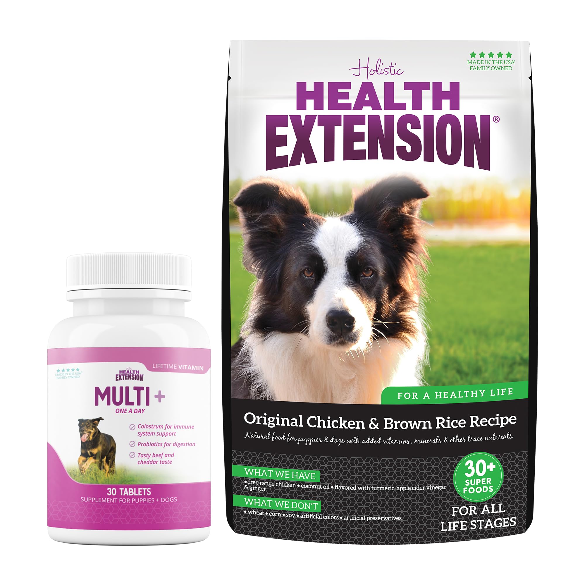 Health Extension Bundle - Dry Dog Food Chicken & Brown Rice Recipe (4 lbs) & Multivitamin (30 Tablets) - High-Protein, Balanced Nutrition for Dogs of All Life Stages