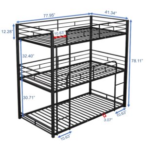 PVWIIK Heavy Duty Triple Bunk Bed for Kids,Twin Over Twin Over Twin Metal Bunkbeds with Ladder for Dorm,Bedroom,Guest Room,No Box Spring Needed, Easy Assembly,Black