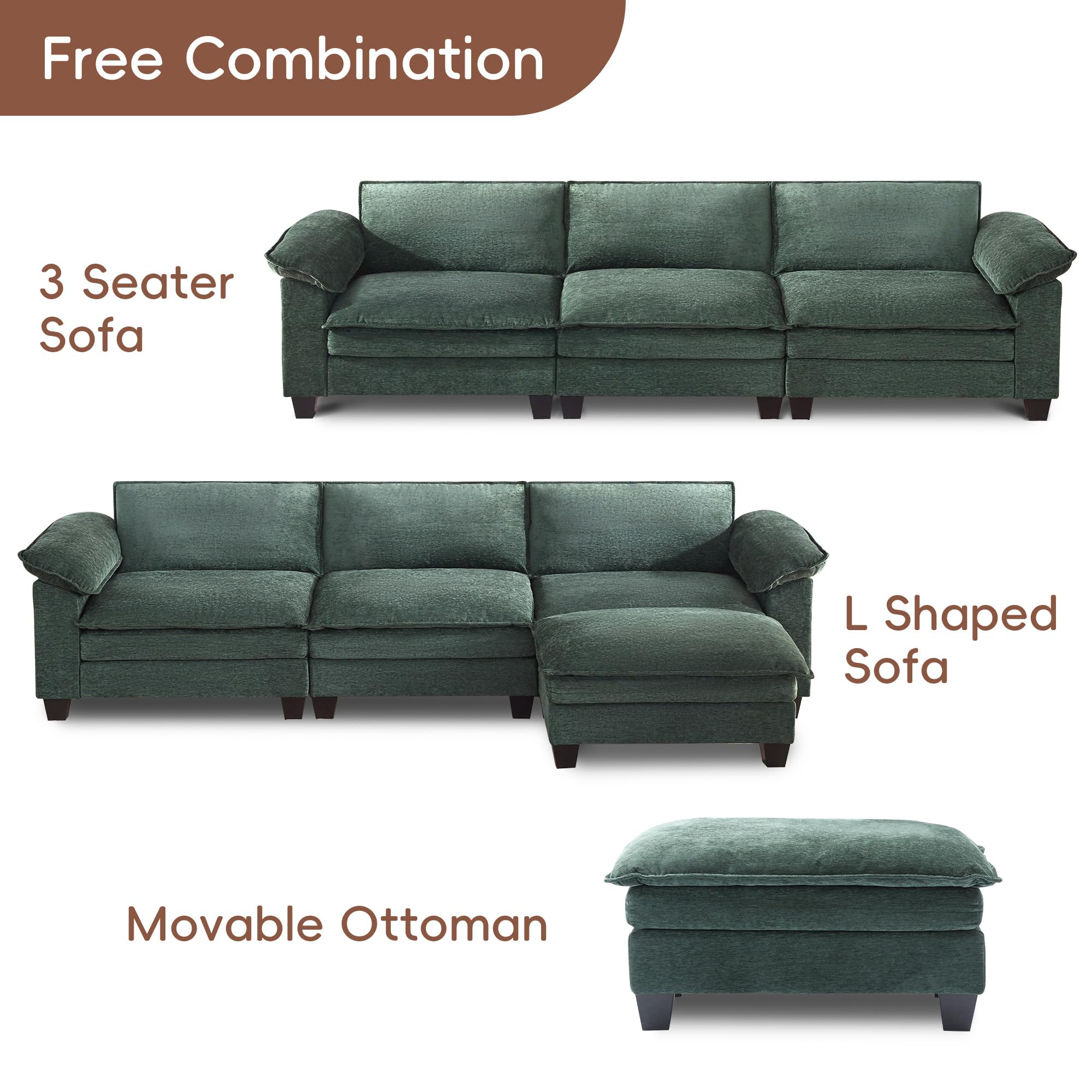 Tbfit Sectional Couches for Living Room,123" Oversized Comfy Cloud Couch, Chenille Modular Sectional Sleeper Sofa, Deep 4 Seat L Shaped Couch with Movable Ottoman, Green