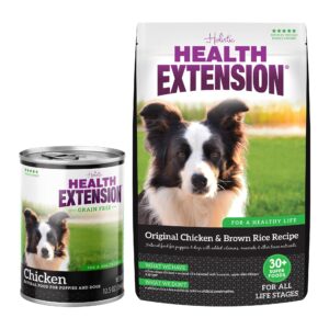 health extension bundle - wet dog food chicken recipe (12.5oz single can), dry dog food chicken & brown rice recipe (4 lbs) - high-protein, a tasty and healthy alternative for your dog