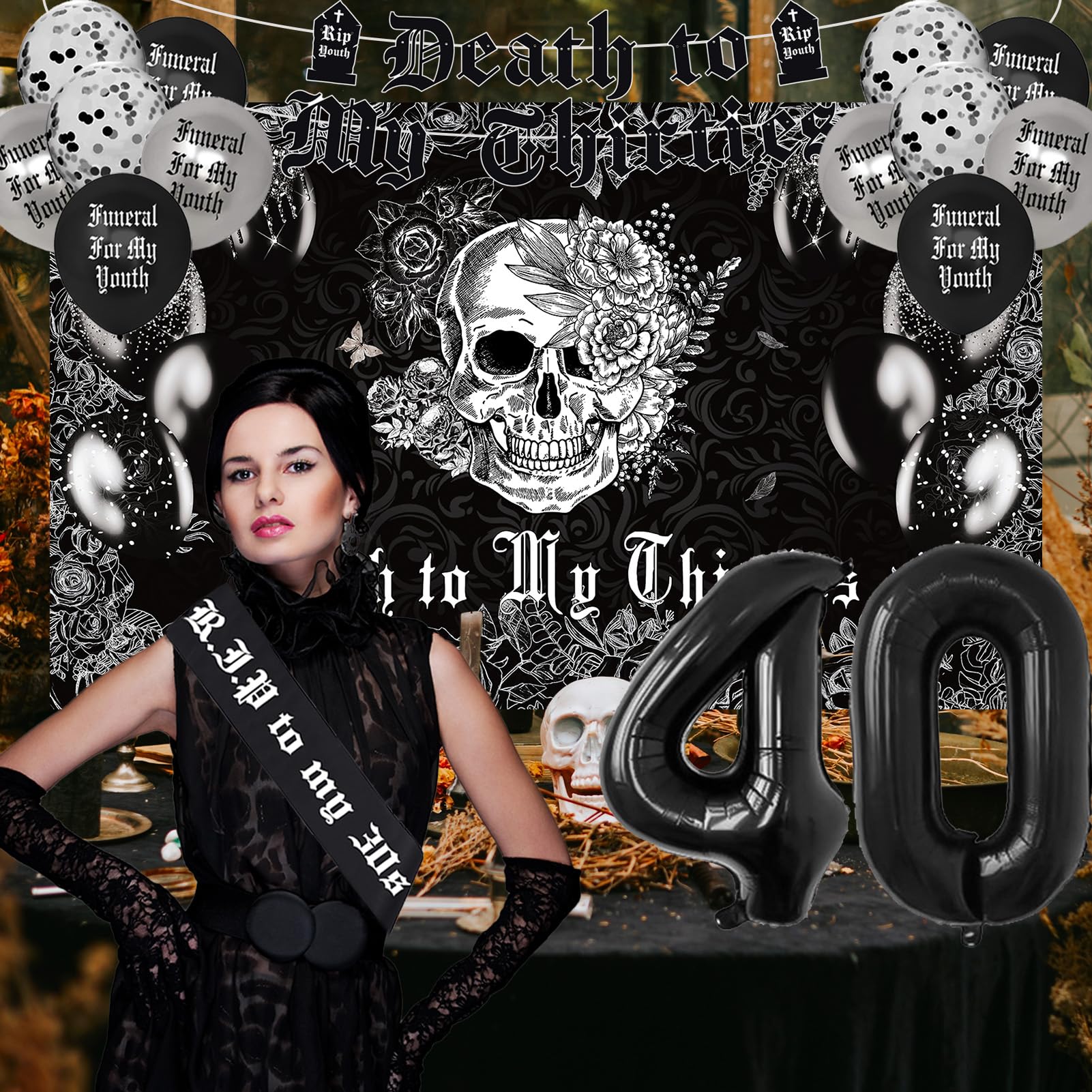 Crenics Death to My 30s Decorations - Death to My Thirties Backdrop, Banner, Honeycomb, Sash, Hanging Swirls, Cake Topper and Balloons for 40th Birthday Party Decorations for Women or Men