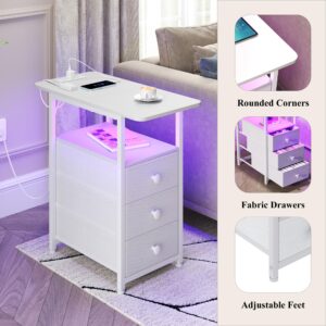 DALEMHOME End Table with Charging Station, Narrow Side Table with 3 Fabric Drawers, Skinny Nightstand with LED Light for Small Spaces, Bedroom, Living Room, White HKET1303WT