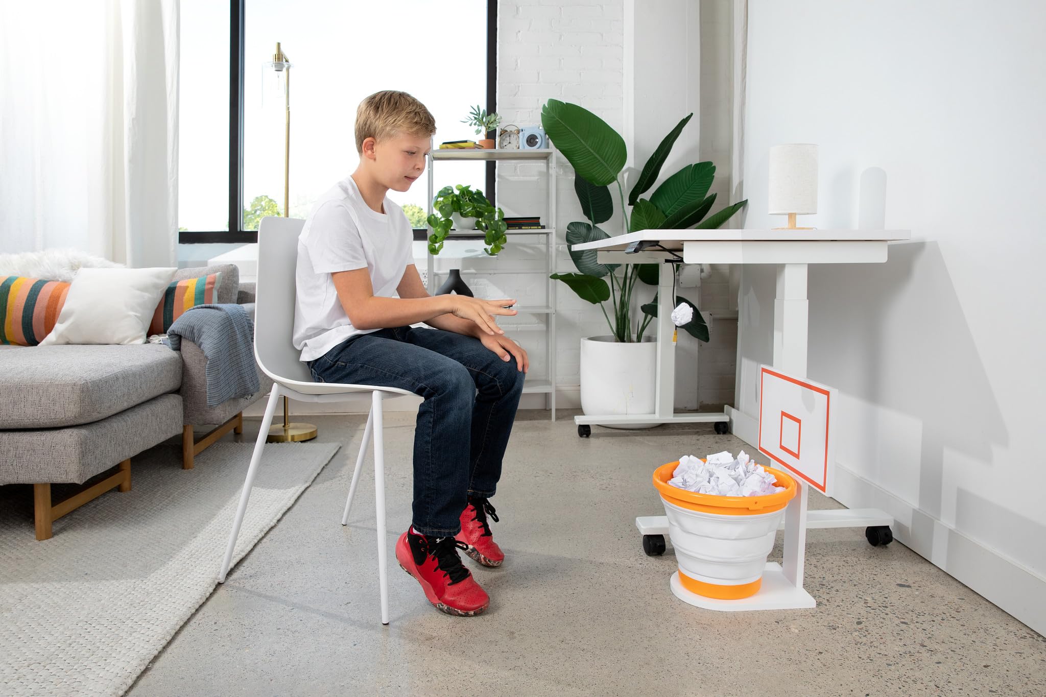 Basketball Trash Can Garbage Hoop - Includes Solid Wood Backboard and Base, and Orange Basketball Garbage Can, Makes a Great Trash Can Basketball Bin for Kids Room, Boys Bedroom, or Office