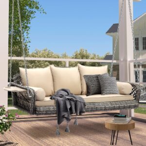 decomax wicker hanging porch swing chair 3-seats outdoor gray rattan patio swing lounge with cushions cupholders capacity 660lbs for garden, balcony, living room (porch swing with armrest pillows)