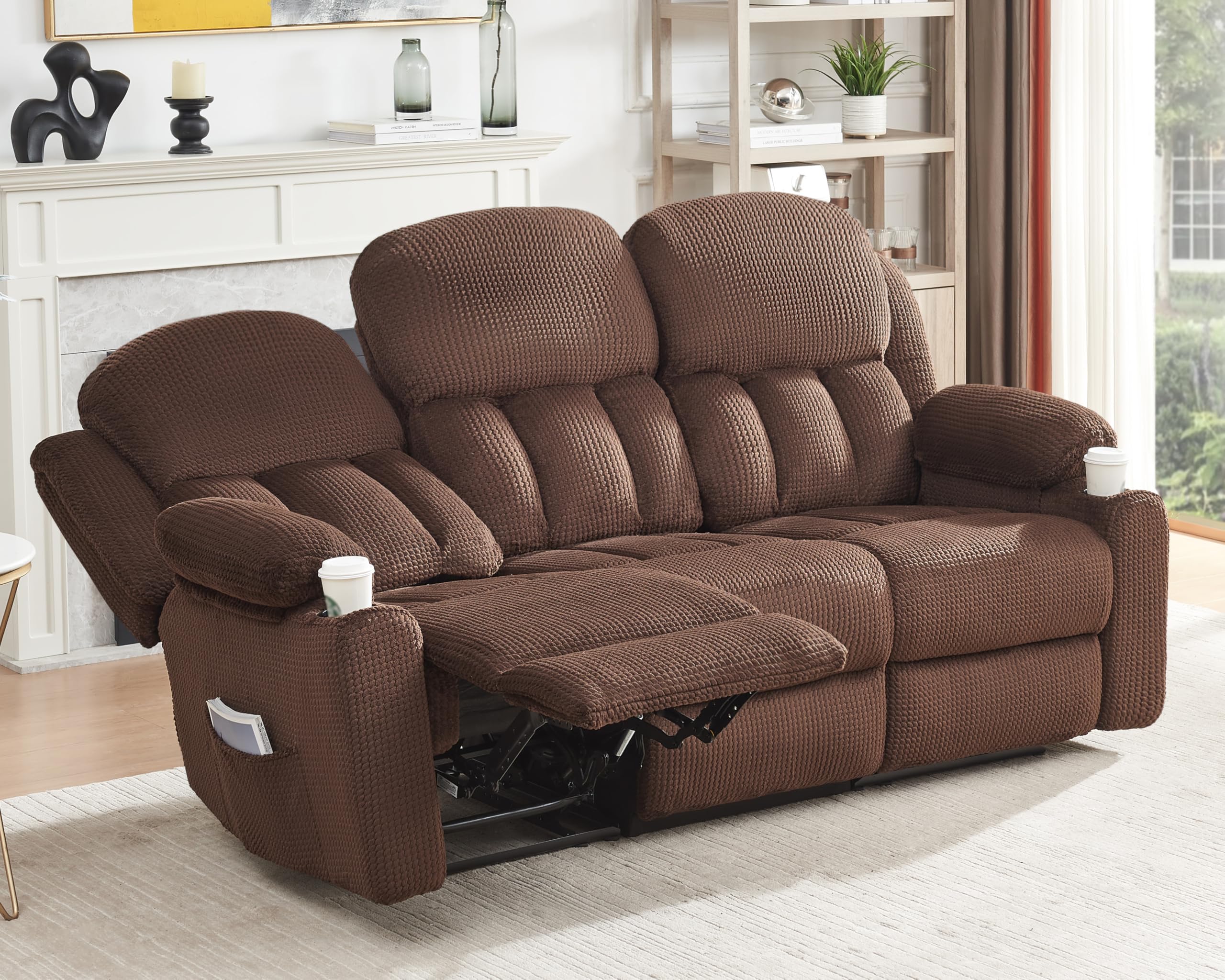 Jocisland Recliner Couch, 3 Seater Recliner with Cup Holders, Plush Fabric Reclining Couch with Dual Wingback, Comfy Recliner Sofas for Living Room(Brown)