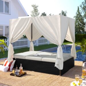 YOPTO Outdoor Patio Daybed Sunbed Retractable Furniture Sets with Curtains,Canopy for Shade,Cushions,Adjustable Seats,Suitable for Garden Backyard Porch,Beige