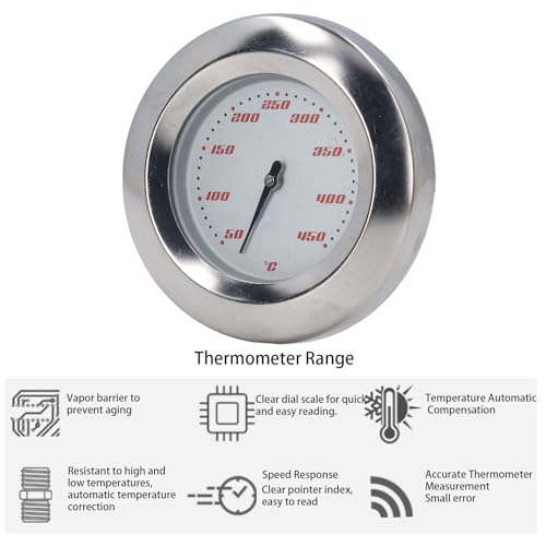 Grill Thermometer, Stainless Steel Temp Gauge 3 Inch Food Grill Thermometer Industrial BBQ Grill Smoker Thermometer Gauge, 50‑450℃