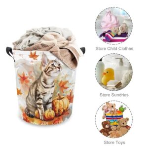 TsyTma Fall Cat Collapsible Laundry Baskets Laundry Hamper with Handles Cute Tabby Cat Pumpkins Round Dirty Clothes Hampers for Laundry Bathroom Bedroom Decor