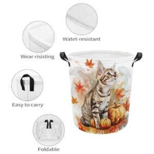 TsyTma Fall Cat Collapsible Laundry Baskets Laundry Hamper with Handles Cute Tabby Cat Pumpkins Round Dirty Clothes Hampers for Laundry Bathroom Bedroom Decor