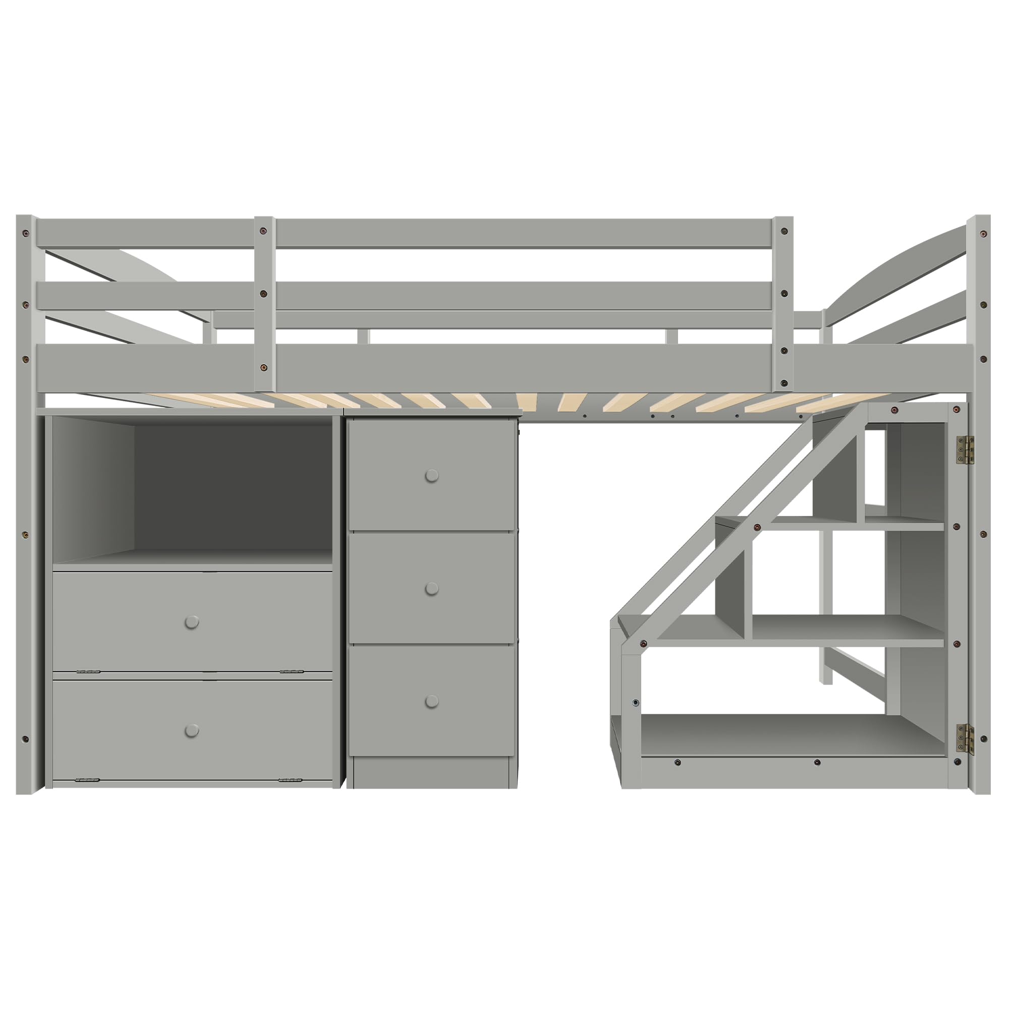 TURRIDU Low Loft Bed with Pullable Storage Staircase and 2 Cabinet, Wooden Stairway Loft Bed with Drawers and Shelves, Twin Size Bed Frame for Girls, Boys, Teens, No Box Spring Needed