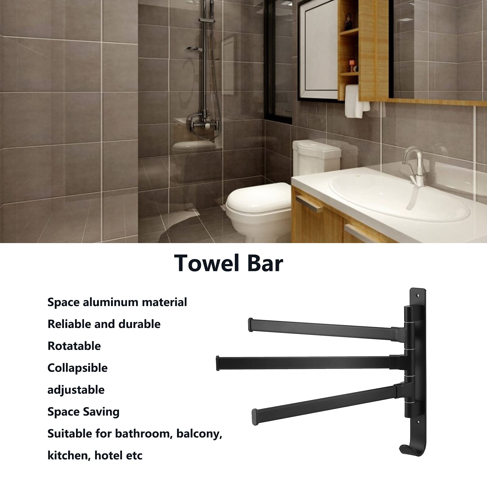 Apexare Swivel Towel Rack, 3 Poles Rotating Folding Wall Mounted Space Aluminum Bath Towel Hanger, Matte Black Drying Holder, for Bathrooms, Balconies, Kitchens, Laundry Rooms