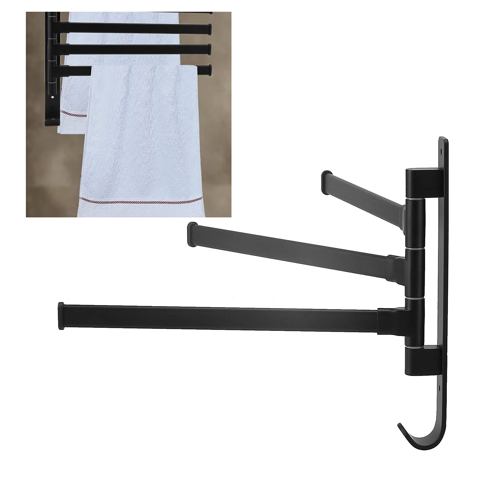 Apexare Swivel Towel Rack, 3 Poles Rotating Folding Wall Mounted Space Aluminum Bath Towel Hanger, Matte Black Drying Holder, for Bathrooms, Balconies, Kitchens, Laundry Rooms