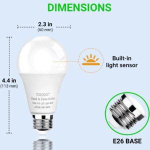 TSEXES Dusk to Dawn Light Bulbs Outdoor,Automatic On/Off Sensor LED Light Bulb,5000K Daylight LED Light Bulb for Wall lamp Porch Garage Light,4 Pack