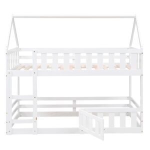 THINK 30 Twin Over Twin House Bunk Bed with Fence and Door, Wood Bedroom Bedframe for Boys, Girls, Home, Apartment, Kids, Guest Room