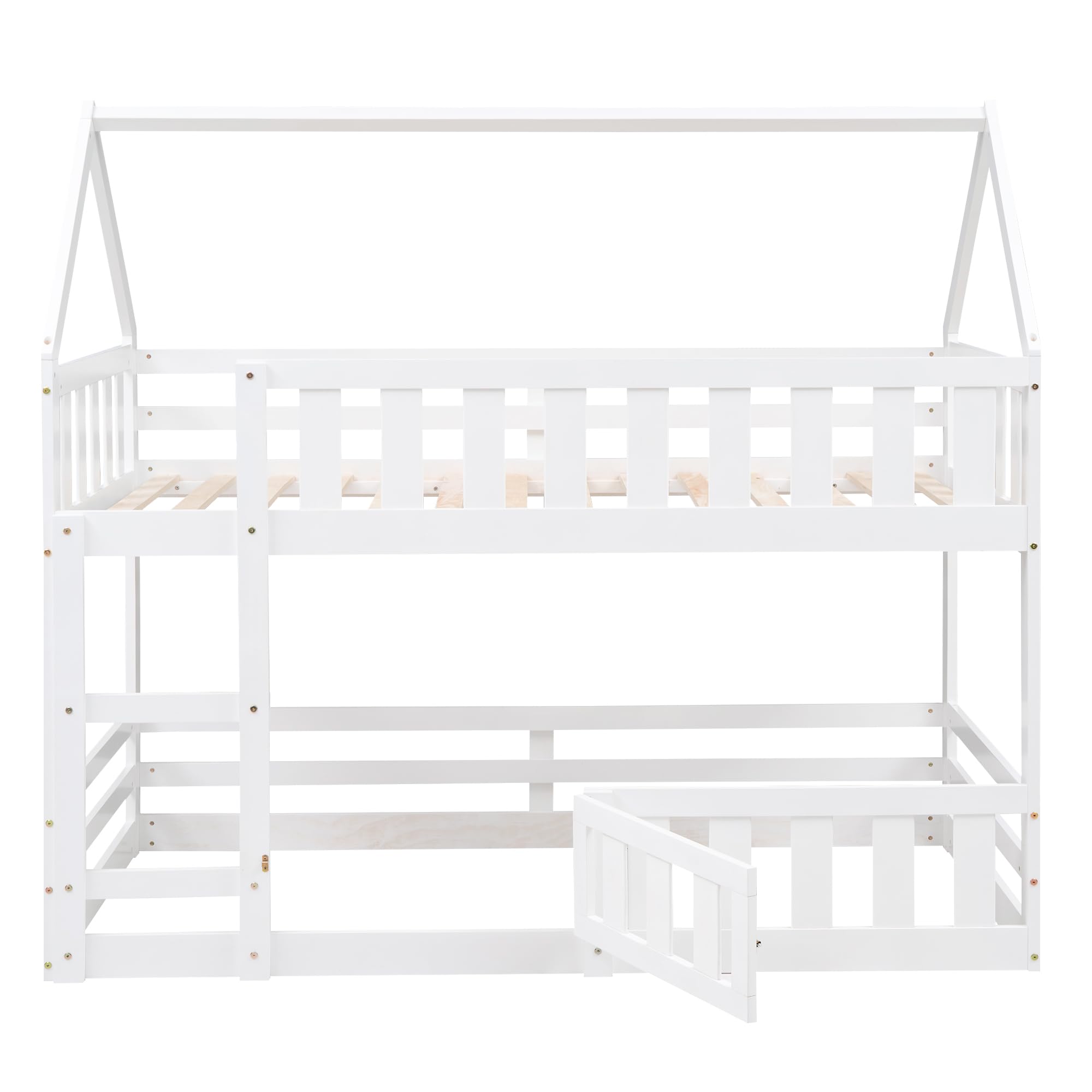 THINK 30 Twin Over Twin House Bunk Bed with Fence and Door, Wood Bedroom Bedframe for Boys, Girls, Home, Apartment, Kids, Guest Room