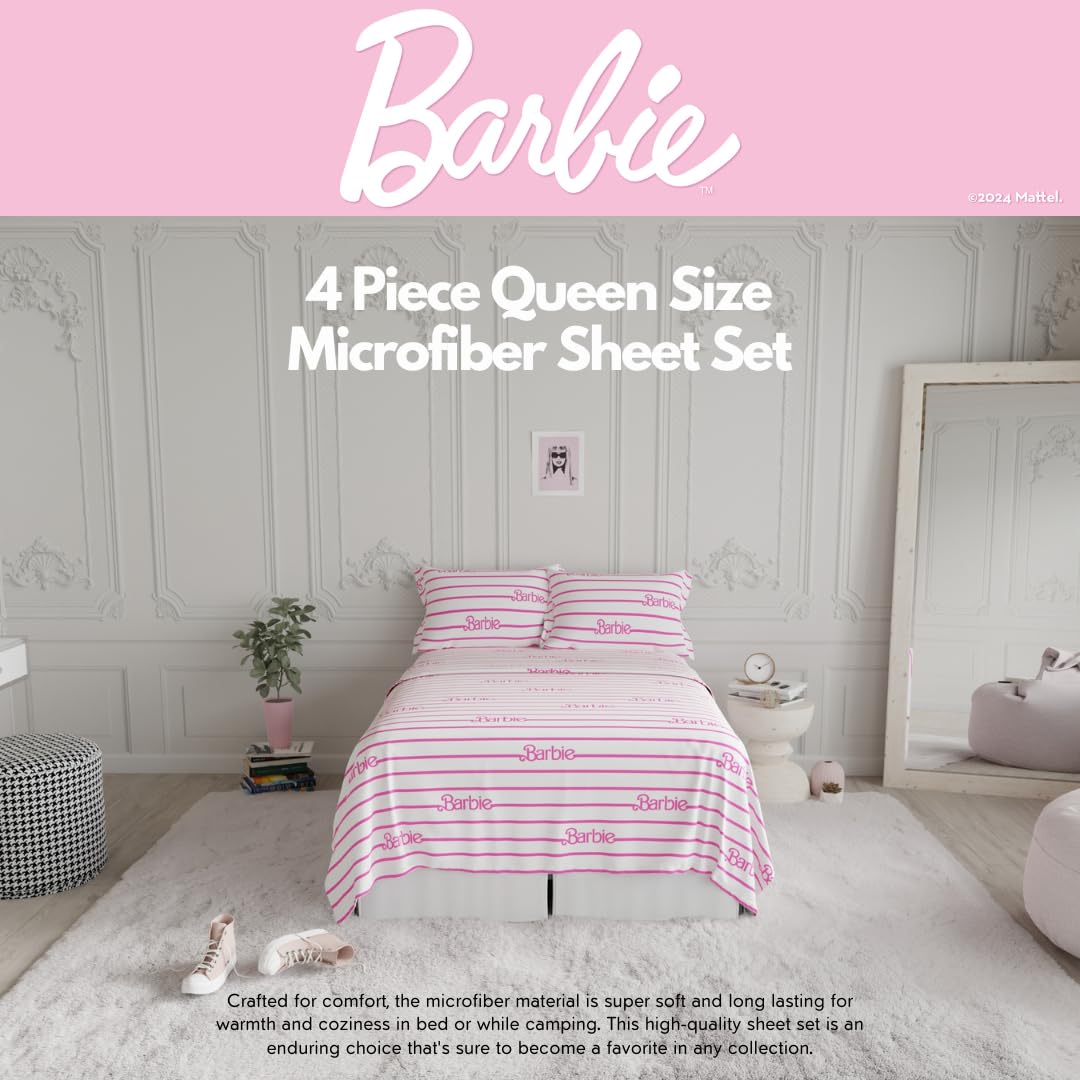 Franco Collectibles Barbie Logos Bedding Super Soft Cozy Microfiber 4 Piece Queen Sheet Set, (Officially Licensed Product)