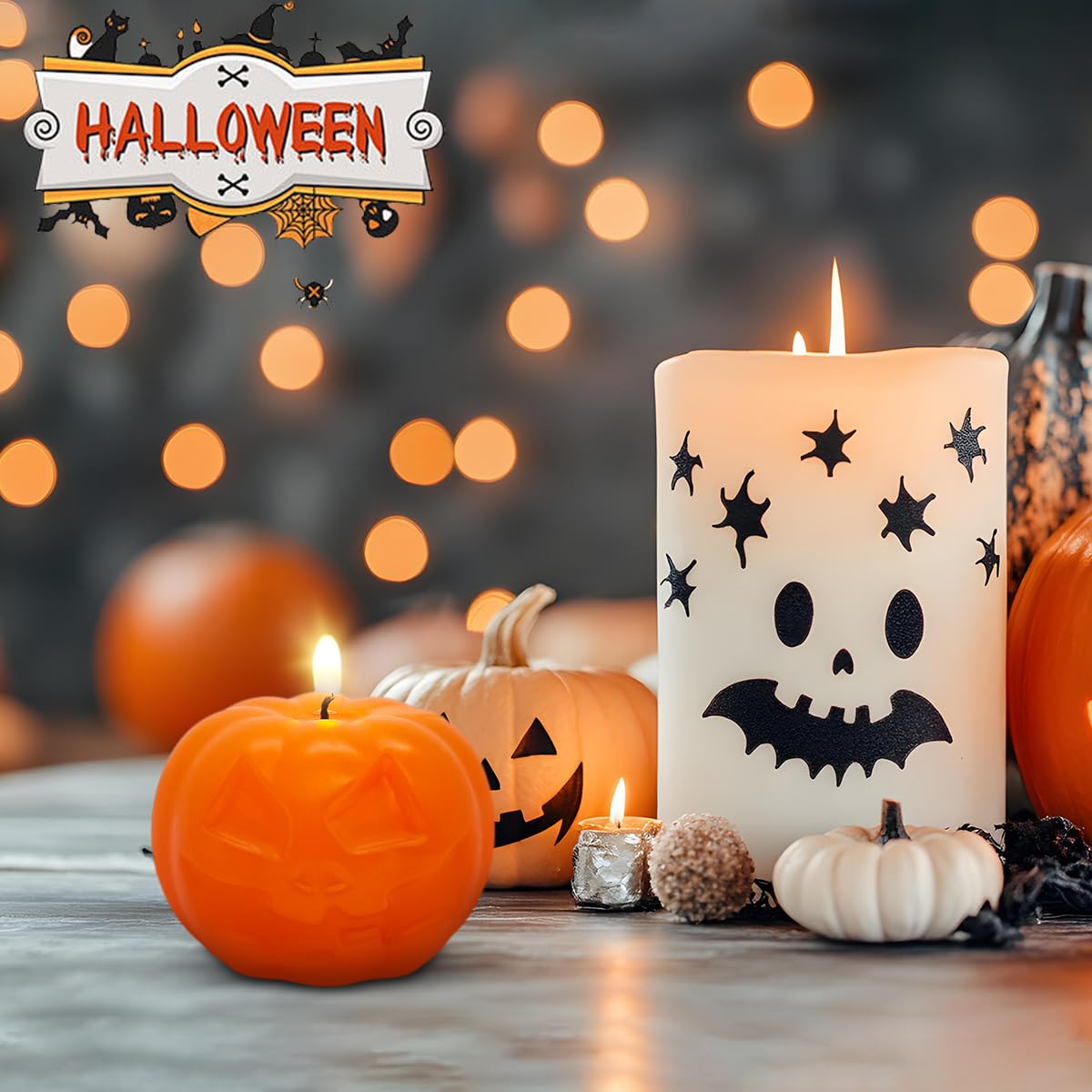 Large Halloween Pumpkin Candle Set - 6 Pack, Jack-O'-Lantern Shaped, Festive Orange Wax Candles for Spooky Home Decor, Parties, and Halloween Celebrations