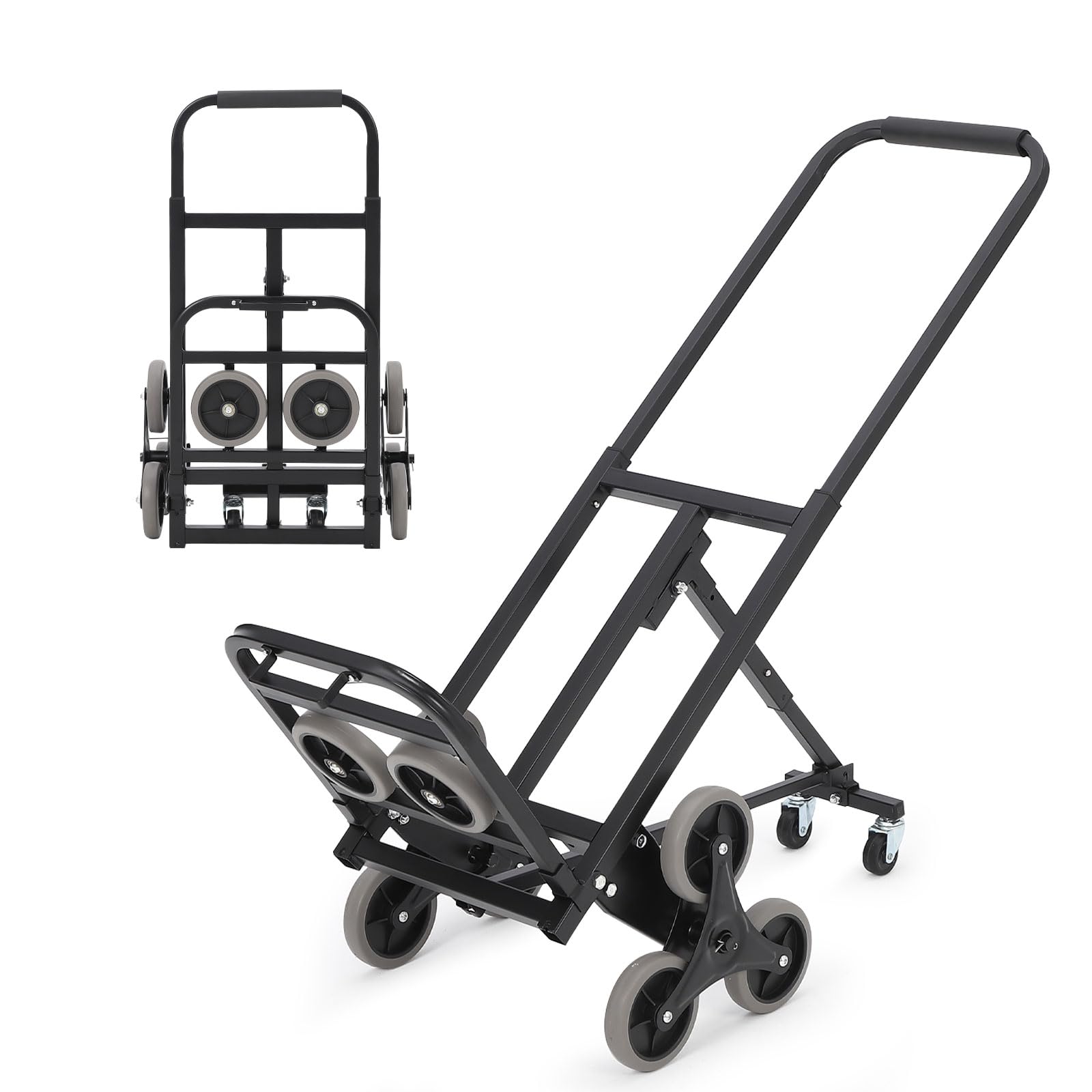 JustSmart Stair Climbing Hand Truck Cart, 375 LBS Capacity Steel Folding Dolly Cart for Stairs, Heavy Duty Stair Climber Trolley with Support Arm and 10 TPR Silent Wheels for Shopping Moving