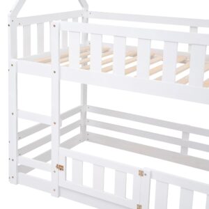 THINK 30 Twin Over Twin House Bunk Bed with Fence and Door, Wood Bedroom Bedframe for Boys, Girls, Home, Apartment, Kids, Guest Room