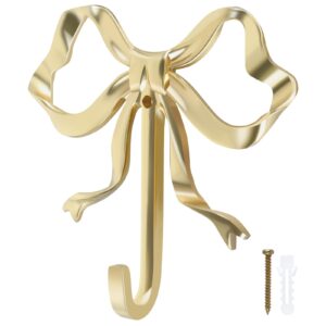 4 pcs bow hooks for wall, brass wall hooks for hanging decorative bow knot hooks gold coat hooks hat hooks gold towel hook door hanger for key gold bow decor bedroom bathroom living room kitchen decor