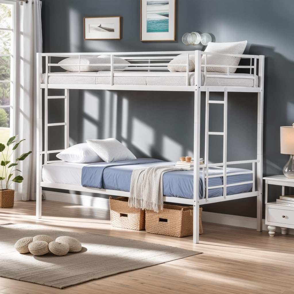 PVWIIK Twin Over Twin Metal Bunk Bed for Kids Boys Girls,Metal Structure Bedframe with Ladders & Guardrail,Convertible 2 Beds,No Spring Box Required,White