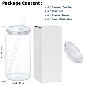 16 Oz Acrylic Plastic Can Tumbler, 6 Pack Plastic Clear Cup Beer Can, Plastic Mason Jar with Clear Lid