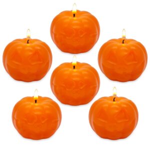 large halloween pumpkin candle set - 6 pack, jack-o'-lantern shaped, festive orange wax candles for spooky home decor, parties, and halloween celebrations