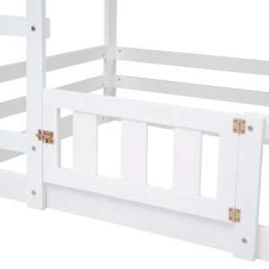 THINK 30 Twin Over Twin House Bunk Bed with Fence and Door, Wood Bedroom Bedframe for Boys, Girls, Home, Apartment, Kids, Guest Room