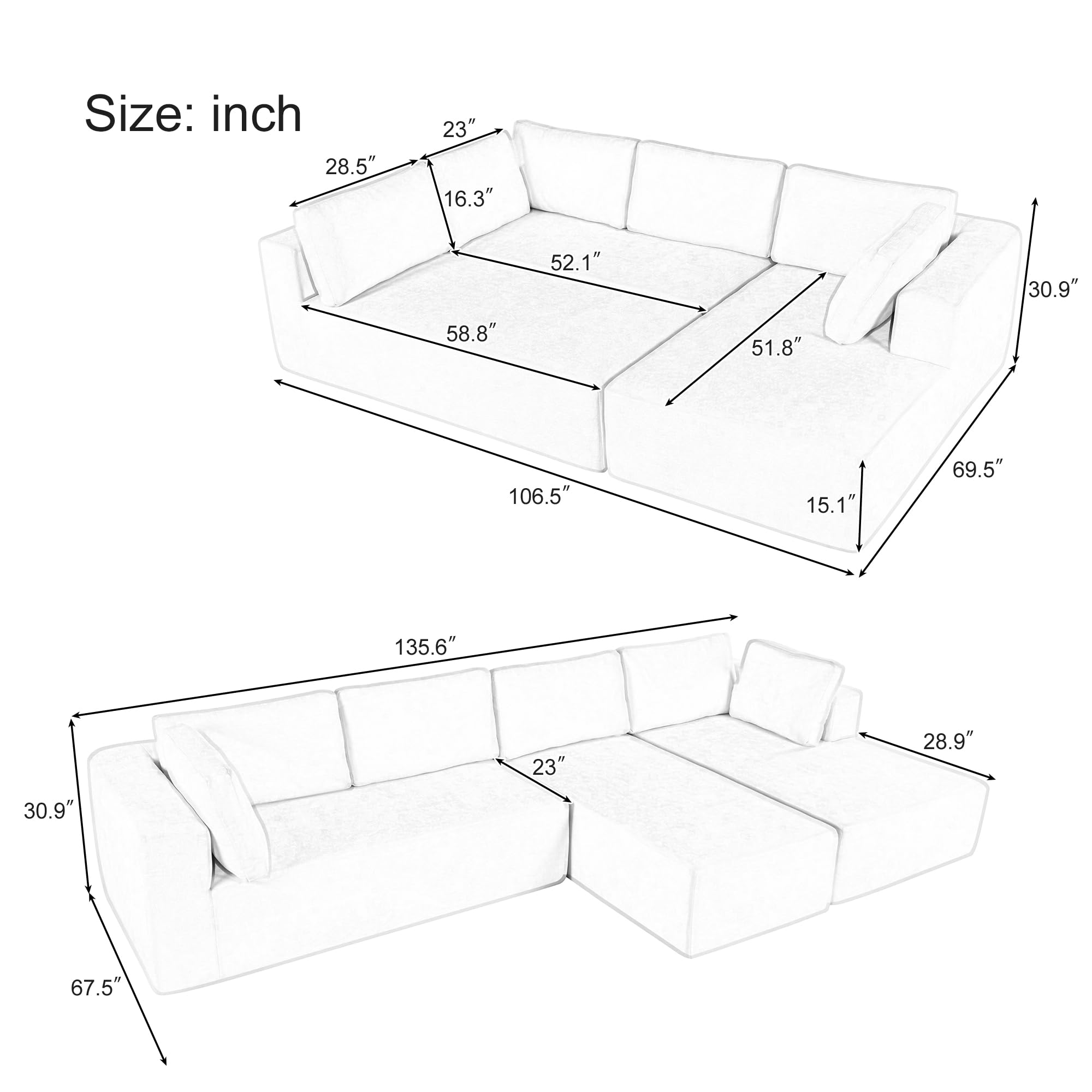 Yogald 135.6‘’ L-Shaped 4 Seats Sectional Cloud Sofa with 2 Chaise Lounges, Minimalist Style Oversized Modular Sofa, Comfy Upholstered Luxury Floor Couch Set, for Living Room Office Apartment (Beige)