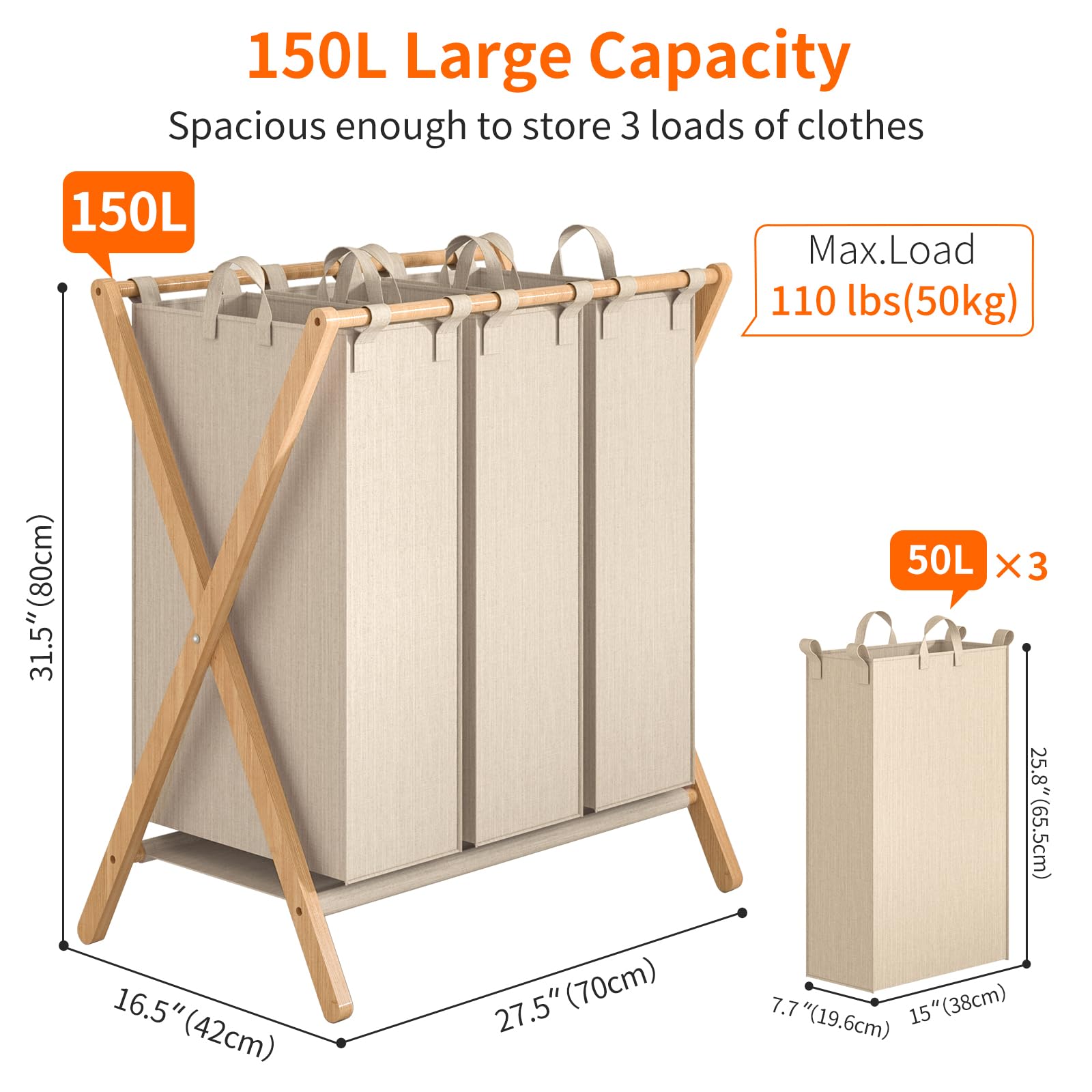 laundry hamper 3 section, Dirty Clothes Hamper with removable bags, Bamboo Laundry Basket,150L Large Laundry Sorter Organization, Foldable X-Frame Laundry Bin for Bedroom, Laundry Room, Bathroom