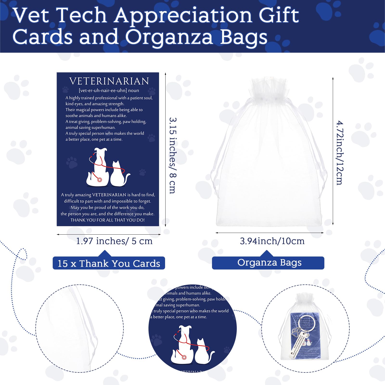 XunYee 15 Sets Christmas Vet Tech Gifts Veterinarian Thank You Keychains Paw Print Appreciation Keychains Inspirational Thank You Cards Organza Bags Appreciation Gifts Bulk for Coworker Assistant