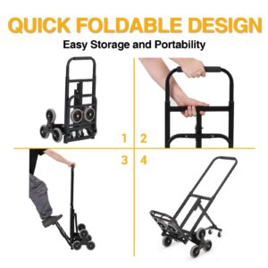 JustSmart Stair Climbing Hand Truck Cart, 375 LBS Capacity Steel Folding Dolly Cart for Stairs, Heavy Duty Stair Climber Trolley with Support Arm and 10 TPR Silent Wheels for Shopping Moving