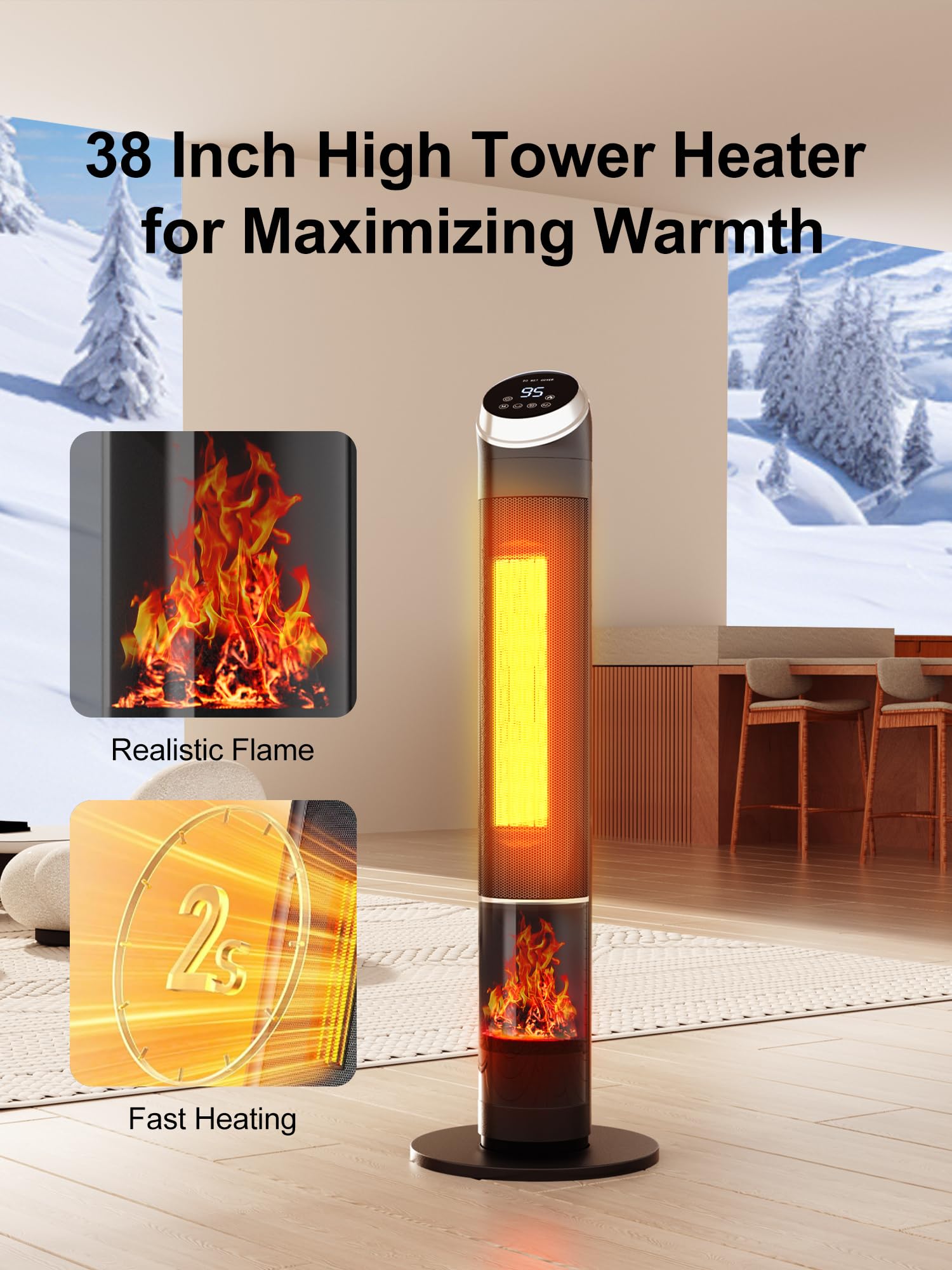 Uthfy Space Heater Indoor, 38" Electric Room Heater with Flame, 24H Timer, Portable Tower Heater with Remote, Thermostat, 3 Modes, Tip-over and Overheat Protection, for Bedroom Office Large Room Use