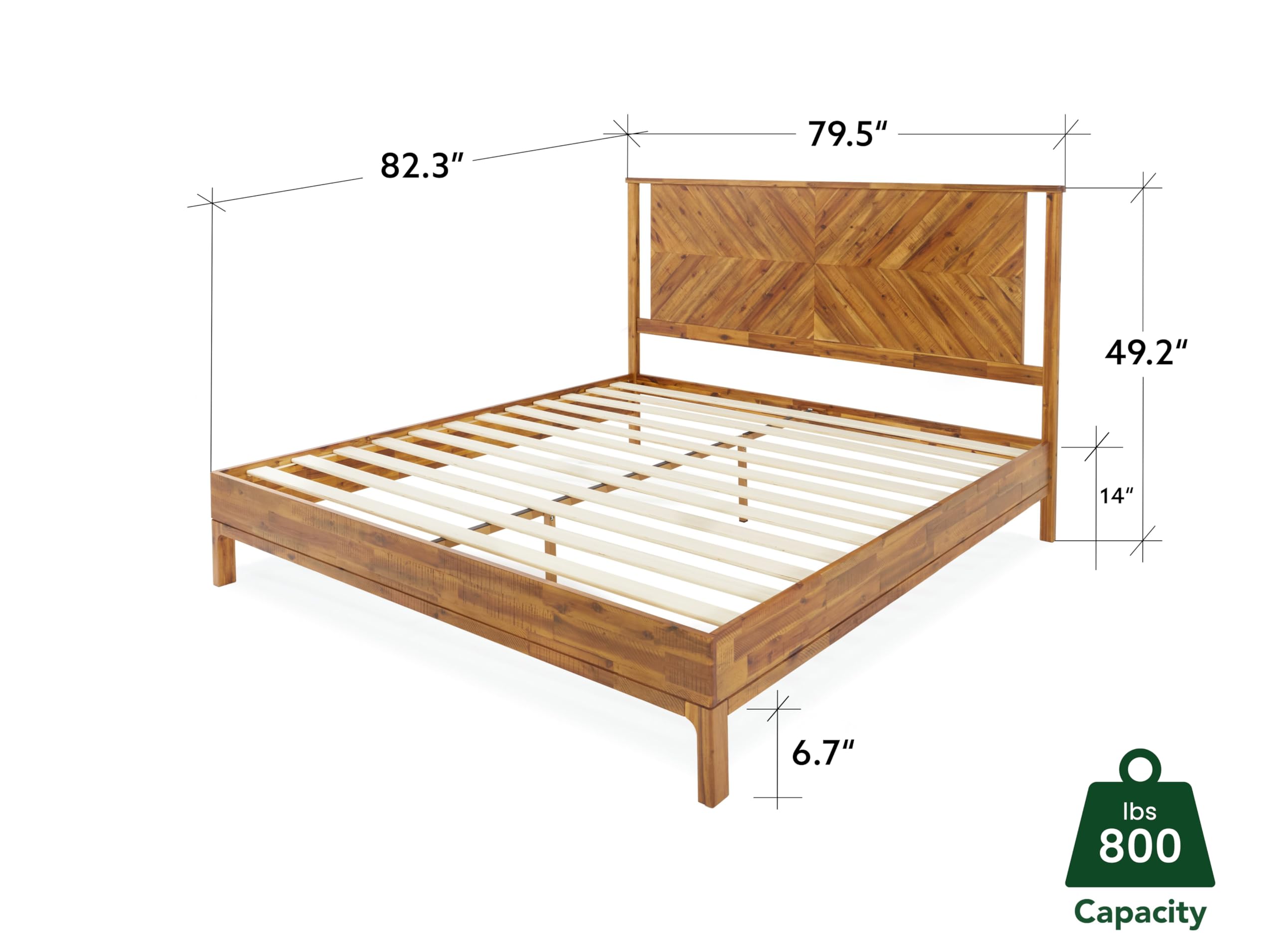 Bme Vivian 14 Inch Deluxe Bed Frame with Headboard, Rustic & Scandinavian Style with Solid Acacia Wood, No Box Spring Needed, 12 Strong Wood Slat Support, Easy Assembly, King, Rustic Golden Brown