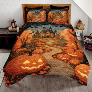 customized fall quilt king - autumn quilts queen size - halloween pumpkin pattern quilt, halloween comforter, autumn patchwork quilt for girls boys adults bedroom, vintage autumn themed quilt twin