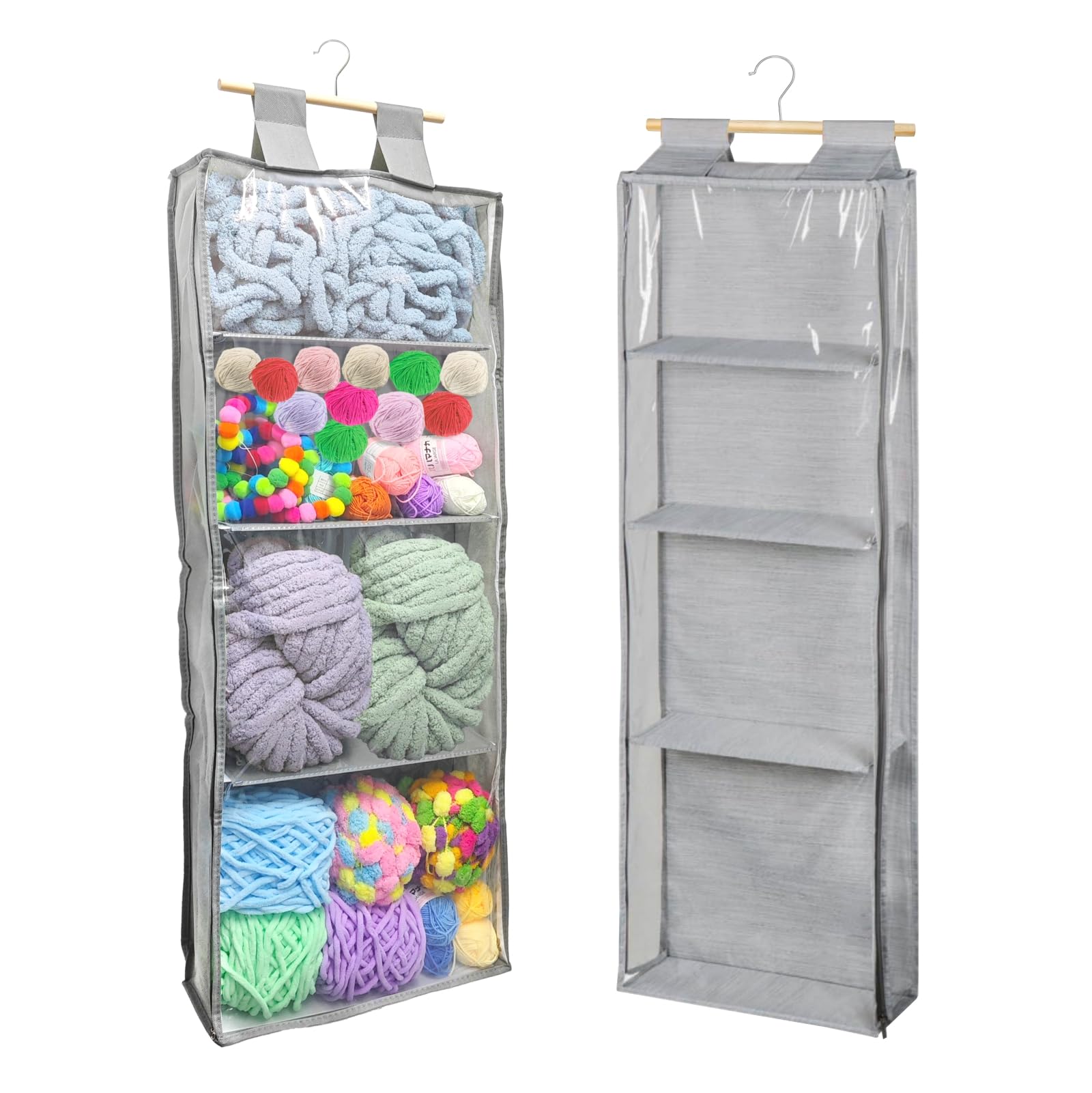 Hanging Yarn Storage Organizer with 4 Large Double Zippered Pockets - Perfect for Crochet & Knitting Lovers. Over-Door Hooks for Easy Access & Space Saving. Clear View for Quick Selection