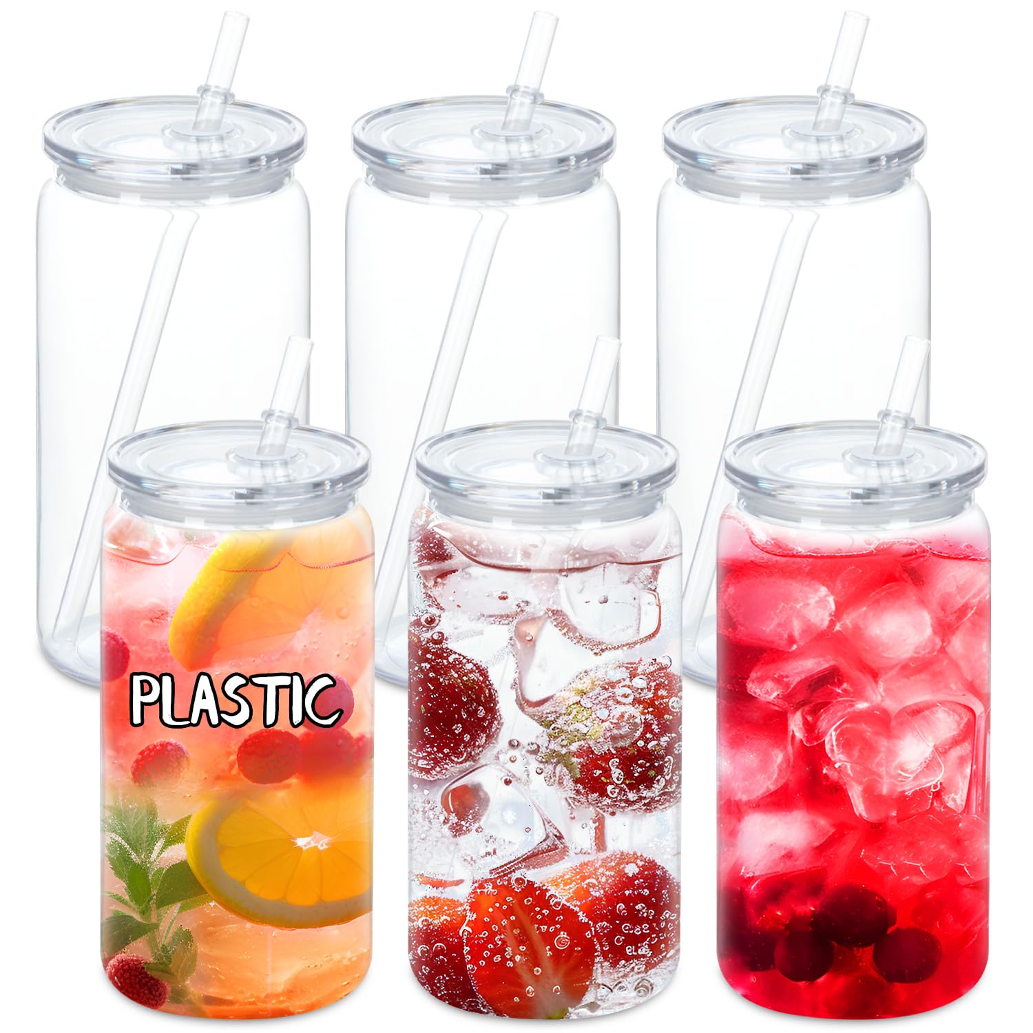 16 Oz Acrylic Plastic Can Tumbler, 6 Pack Plastic Clear Cup Beer Can, Plastic Mason Jar with Clear Lid