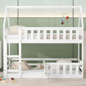 think 30 twin over twin house bunk bed with fence and door, wood bedroom bedframe for boys, girls, home, apartment, kids, guest room