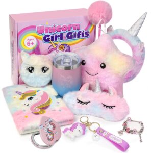 sabdrau unicorn gifts for girls 4 5 6 7 8 9 10+ years old, kids unicorns toys with light up plush star pillow/diary/headband/eye mask/water bottle, soft plush toys set for birthday gift christmas