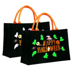 mhtdet 2pcs halloween trick or treat bags, glow in the dark halloween candy tote bag with handle, halloween canvas tote bag, reusable halloween bags for trick or treating, halloween party