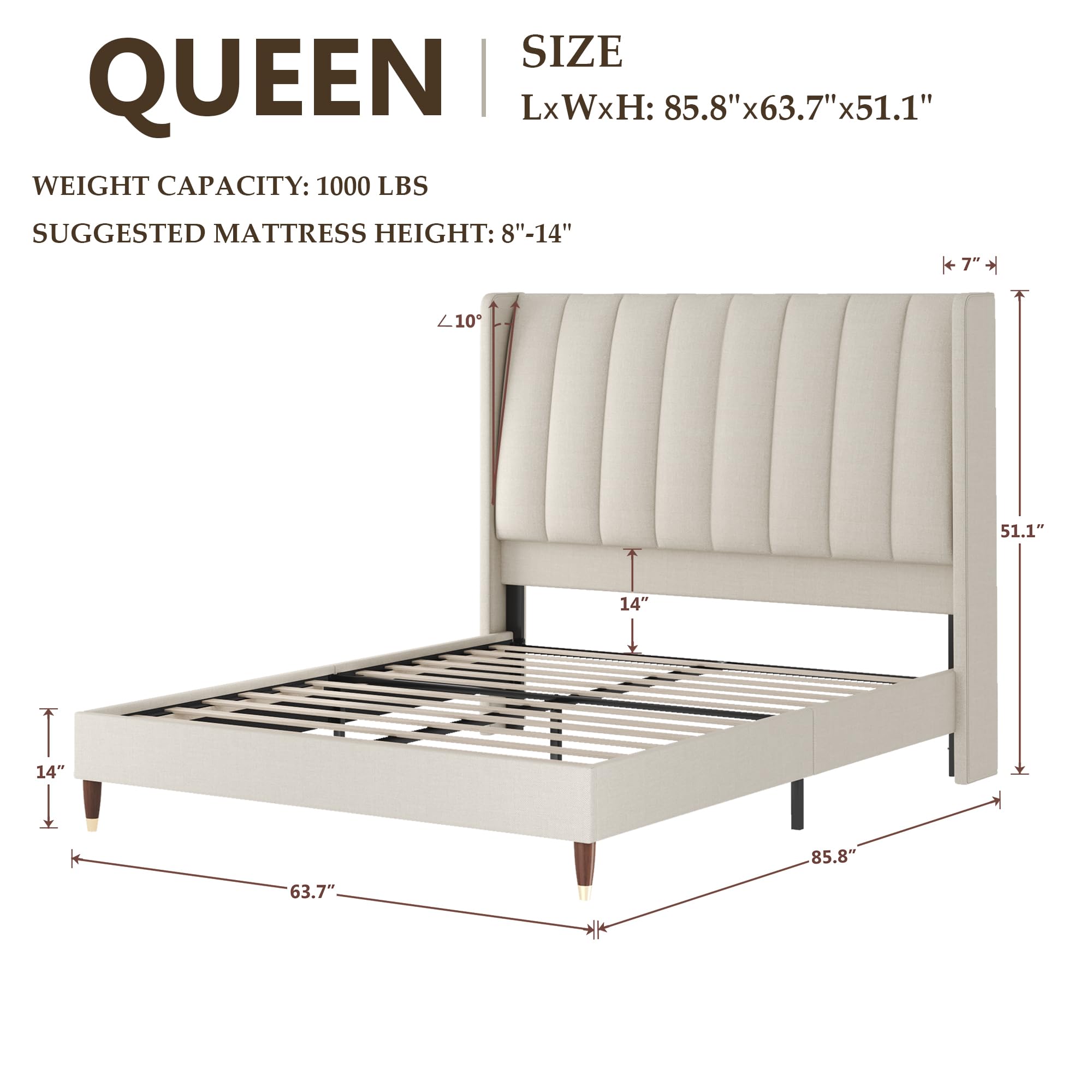 HUAHUU Queen Bed Frame with Headboard, Beige Upholstered Bed Frame Queen with Vertical Channel Tall Wingback Headboard, Wooden Slats Support, No Box Spring Needed, No-Noise, Easy Assembly