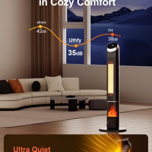 Uthfy Space Heater Indoor, 38" Electric Room Heater with Flame, 24H Timer, Portable Tower Heater with Remote, Thermostat, 3 Modes, Tip-over and Overheat Protection, for Bedroom Office Large Room Use