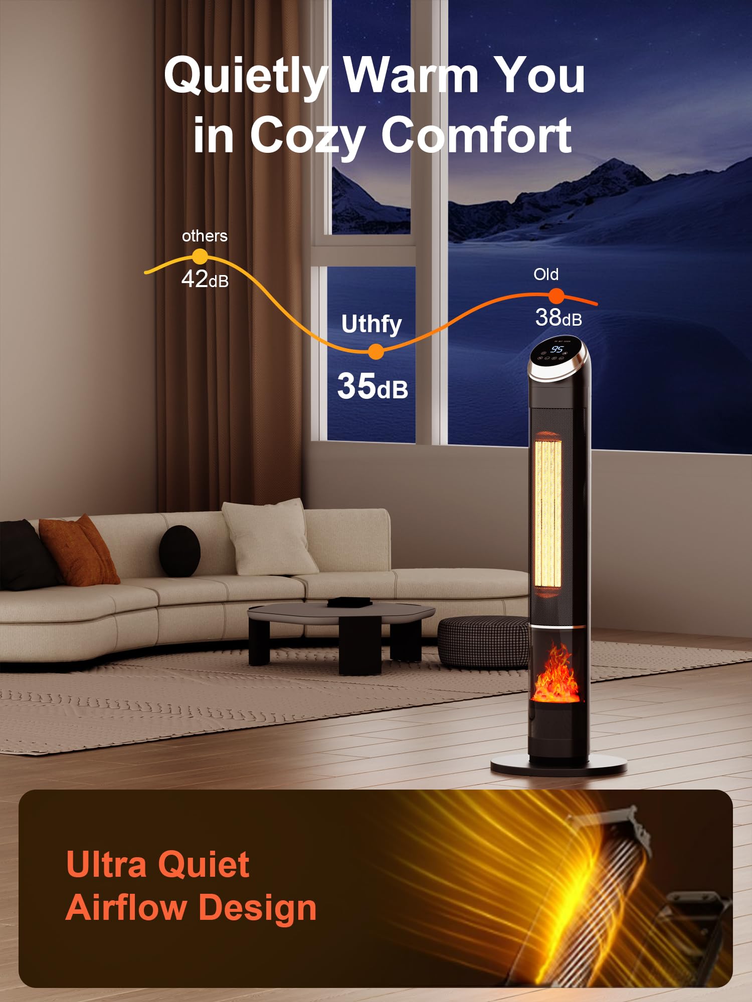 Uthfy Space Heater Indoor, 38" Electric Room Heater with Flame, 24H Timer, Portable Tower Heater with Remote, Thermostat, 3 Modes, Tip-over and Overheat Protection, for Bedroom Office Large Room Use