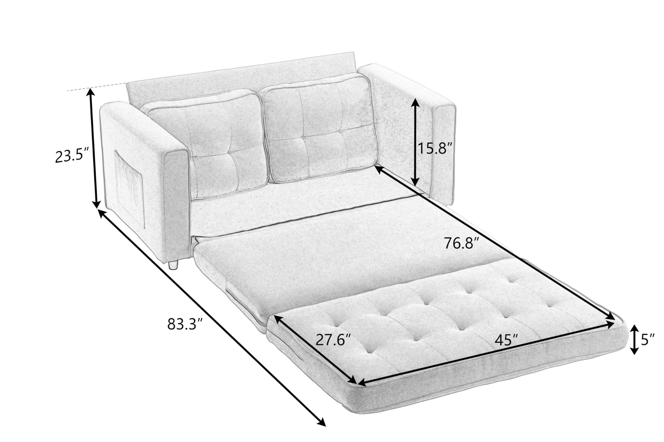 MYINDA Futon Sofa Bed, 55'' W Convertible Loveseat Sleeper with Pull Out Sofa, Space Saving Foldable Sofa Bed Couch with Side Pockets Living Room, Bedroom, Office (LightGray)